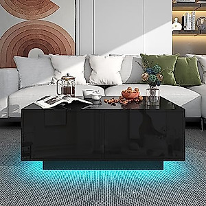 SUSSURRO LED Coffee Table with 4 Storage Sliding Drawers, High Glossy Modern Center Table with 20 Colors LED Lights for Living Room Bedroom,(Style-1 Black)