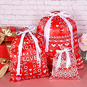 Fovths 9 Pack Large Valentines Gift Bags with Drawstring Satin Fabric Gift Wrapping Bags Bulk for Valentines Day Gifts Anniversaries Treats and Party Favors (3 Assorted Size)