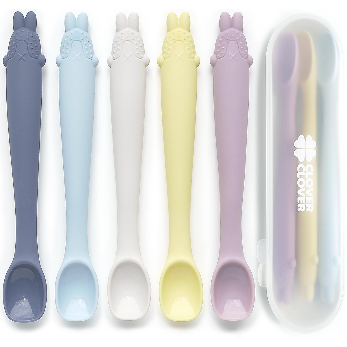 Silicone Baby Feeding Spoons-First Stage, Bendable Utensils for Infant & Parent-Baby Led Weaning, Toddler Self-Feeding & Training-Soft-Tip, Chewproof Teether l 4 Months + [5 Pack with a Portable Case]