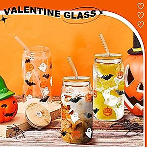 4 Pack Halloween Glass Cups 16 oz Halloween Iced Coffee Cups Ghost Pumpkin Bat Mugs with Bamboo Lids and Straws Halloween Beer Tumblers Drinking Glasses Set for Halloween Party