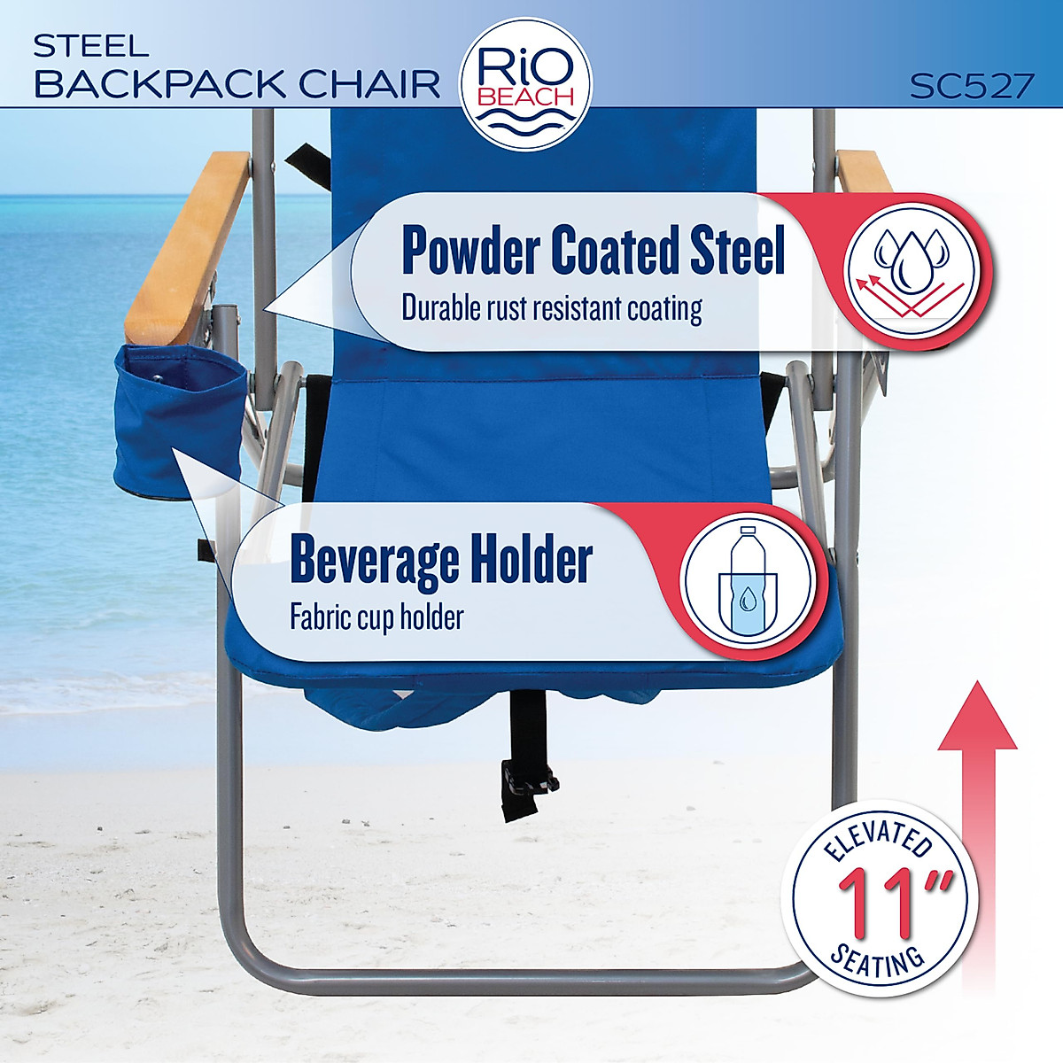 Rio Beach Original 4-Position Steel Backpack Chair with Pillow, Hands-Free Beach Chair Backpack for Adults, Navy