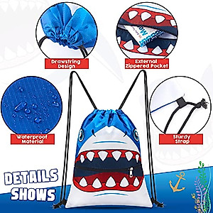 WAWSAM Shark Drawstring Backpack - Drawstring Bags for Boys Kids Swim Bag for Beach Swim Swimming Pool Draw String Bags with Zippered Pocket Waterproof Sports Gym Bag