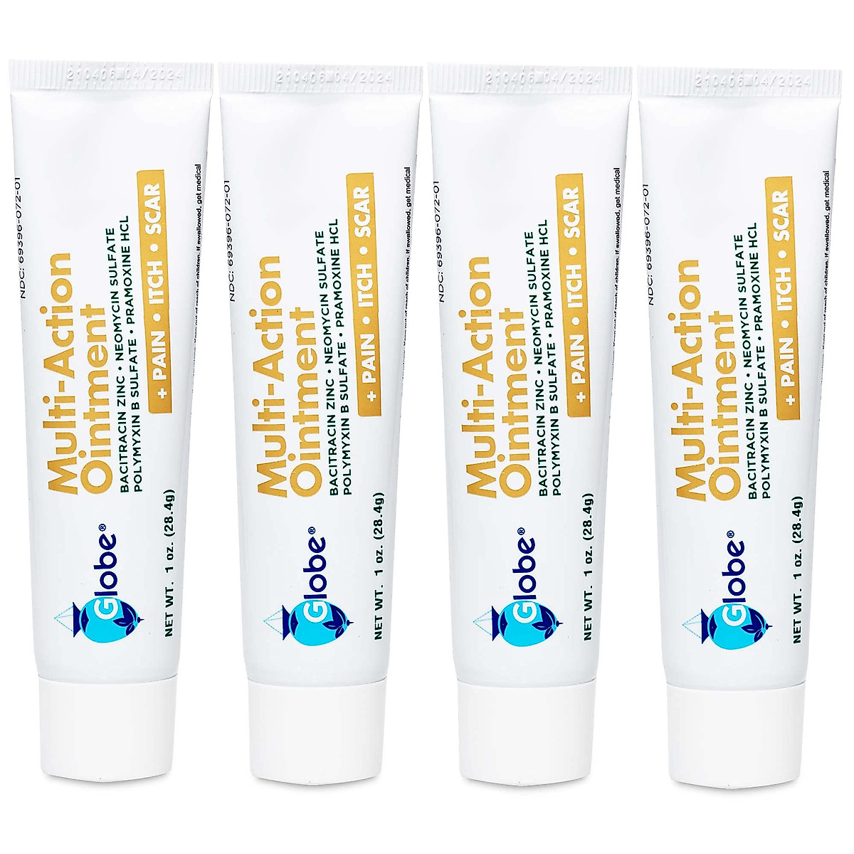 Globe (4 Pack) First Aid Antibiotic Pain-Relieving, Anti-Itch, & Scar Ointment with Neomycin, Bacitracin Zinc, Pramoxine HCl & Polymyxin B, for Minor Cuts, Scrapes & Burns,