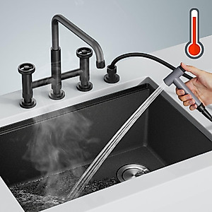 KRAUS Urbix Color-Changing Industrial Bridge Kitchen Faucet with Side Sprayer and ColorSmart Technology in Matte Black/Grey, KPF-3125MBGRCC