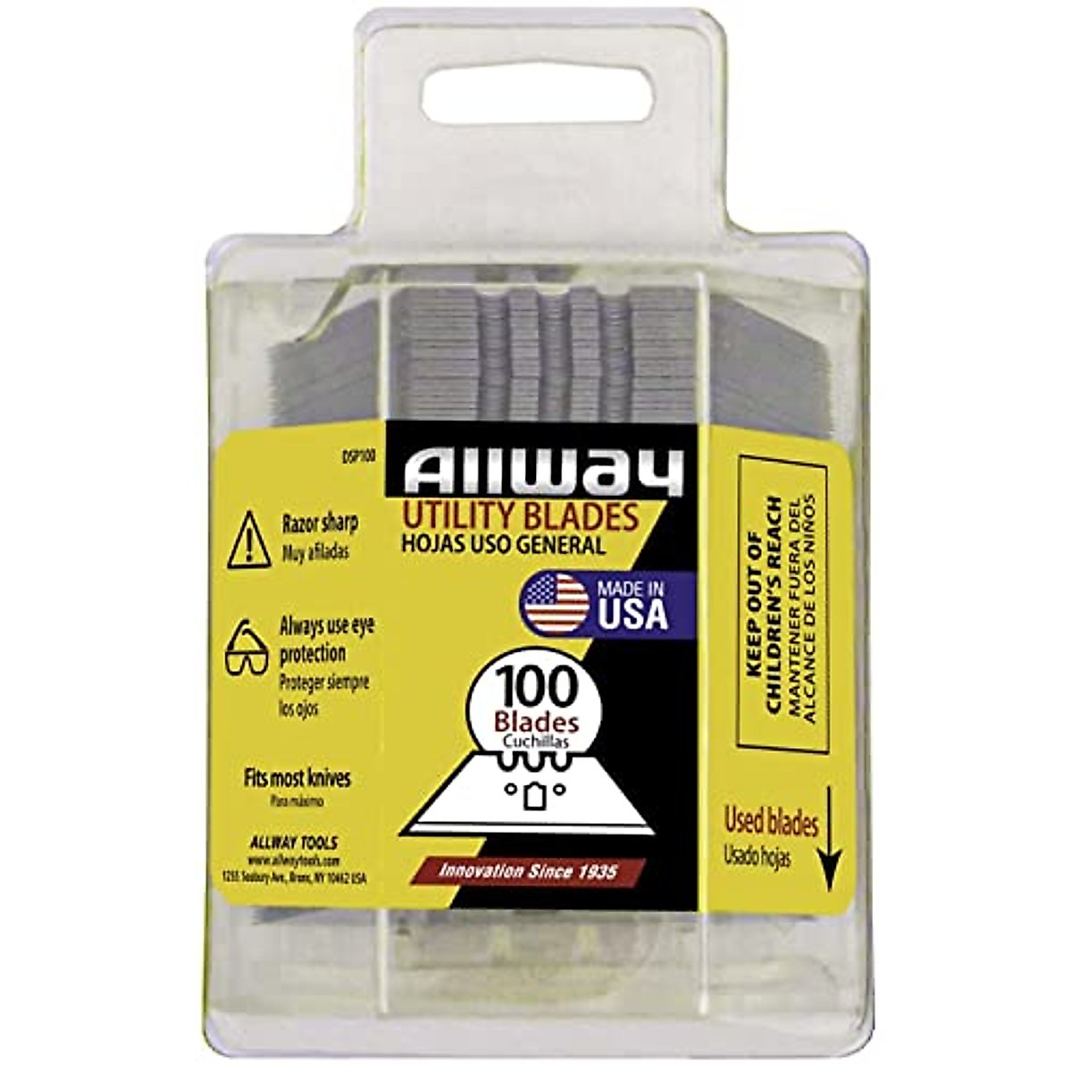 ALLWAY DSP100 3-Notch Utility Knife Blades with Clear Dispenser, Sharp Point, 100 Pack
