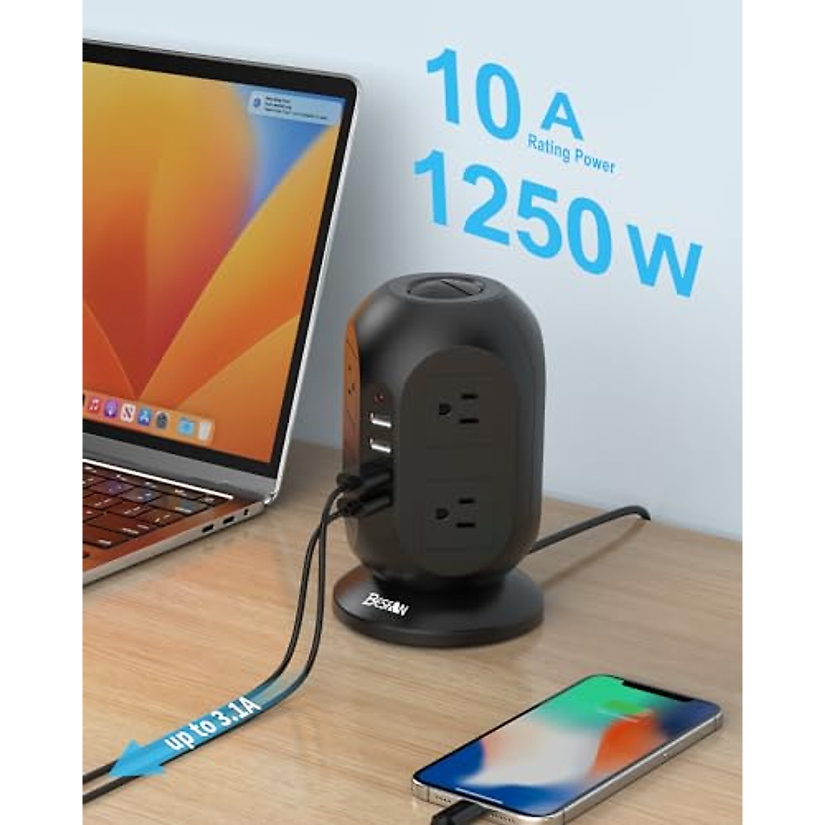 Surge Protector Power Strip Tower with USB Ports, BESFAN 8 AC Outlets 4 USB Ports,10 ft Long Extension Cord with Multiple Outlets Charging Station for Home Office Supplies Dorm Room Essentials