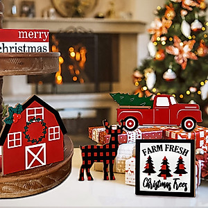 Guoofu Christmas Tiered Tray Decor, Farmhouse Tray Decorations Indoor, Merry Christmas Deer Truck Winter Wooden Signs, Rustic Christmas Decor for Kitchen Home Table Mantel Office Holiday Party