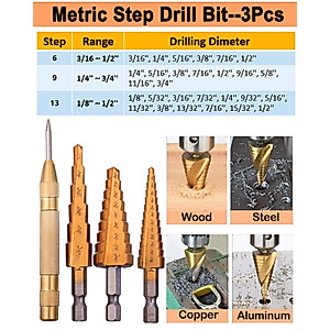 WENHUALI 29-Pack Woodworking Chamfer Drilling Tools, 6 Countersink Drill Bits, 7 Counter Sinker Drill Bit, 8 Wood Plug Cutter, 3 Step Drill Bits and 3 Countersink Drill Bit with 1pcs Center Punch.
