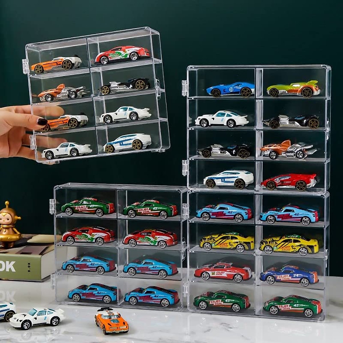 YYDS 1:64 Display Case,8 Compartments Clear Showcase Organizer,Matchbox Display Cabinet for Mini Cars, Hot Wheels，4 Pack Display Case