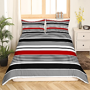 Modern Stripes Bedding Set Twin Size for Kids Boys Bedroom,Red Black Gray Bed Duvet Cover Set,Lines Art Comforter Cover Simplicity Decor 2 Pieces 1 Duvet Cover with 1 Pillowcase No Comforter
