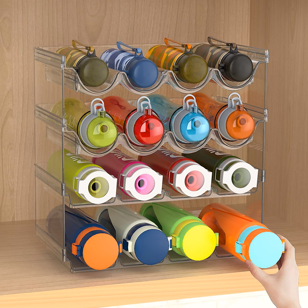 JUJOJB Water Bottle Organizer,16 Bottles Stackable Plastic Clear Water Bottle Cup Holder, Wine Racks for Kitchen Pantry Organization and Storage,Drink/Bottle Storage Stand for Cabinet, Refrigerator