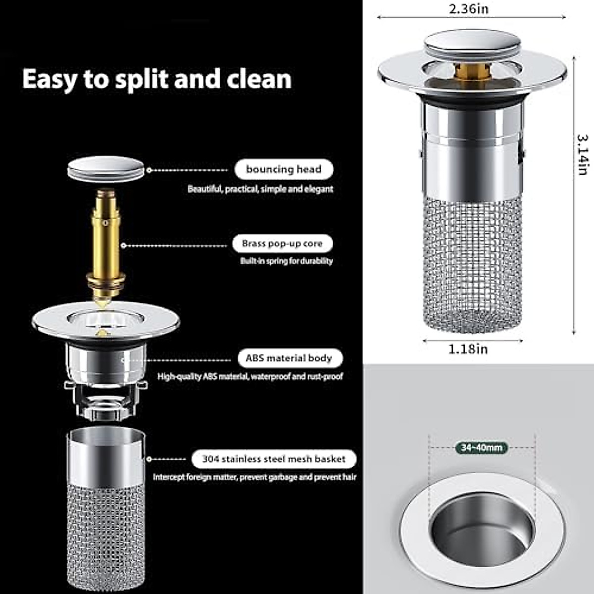 Stainless Steel Floor Drain Filter,Bathroom Sink Stopper Hair Catcher with Removable Stainless Steel Filter Basket Hair Catcher,Isolate Odor Pop Up Sink Drain Filter（2Pcs）