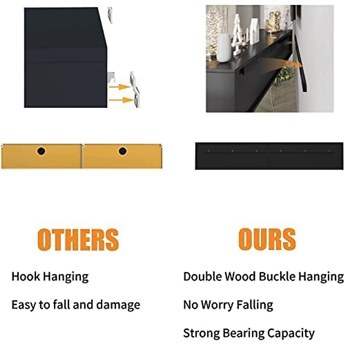 EXQUAL Modern Floating TV Stand, Black, 70.8''L x 16.3''W x 11.8''H, Wall Mounted TV Shelf with LED Lights & Power Outlet, 110 lbs Weight Capacity, for Living Room & Bedroom