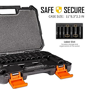 BOEN 3/8" Drive Deep Impact Socket Set, 16 Piece Metric Socket Set 7 to 22mm, Includes 3", 6" Extension Bars, 6 Point Design, Cr-V Steel, Heavy Duty Storage Case