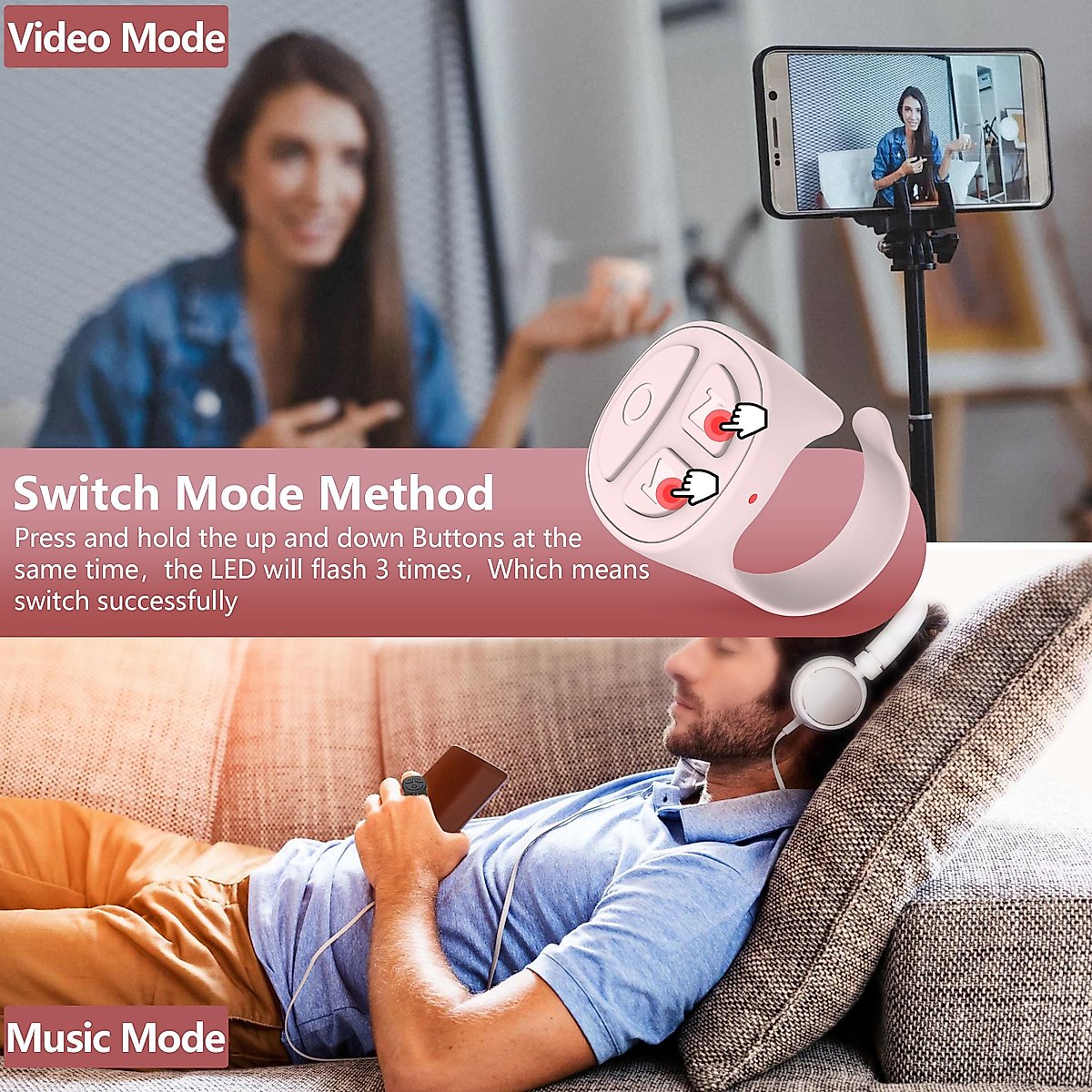 STDFORU TikTok Scrolling Ring Auto Clicker for Live Bluetooth Scroller Ring Camera Shutter Remote Control TIK Tok Scrolling Ring for iPhone Android (Pink)