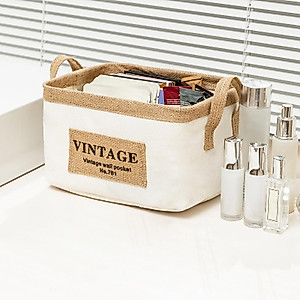 LUFOFOX 3-Pack Storage Baskets for Organizing,Jute Woven Handles Baskets Decorative Small Baskets,Fabric Baskets for Shelf Closet,White,10.6"*8.7"*6.3" (Small)