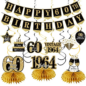 Eucutur Happy 60th Birthday Banner Decorations for Men Women, 10Pcs Black Gold 60 Birthday Banner Vintage 1964 Honeycomb Centerpieces Swirls Kit Party Supplies, Sixty Bday Ceiling Table Topper Decor