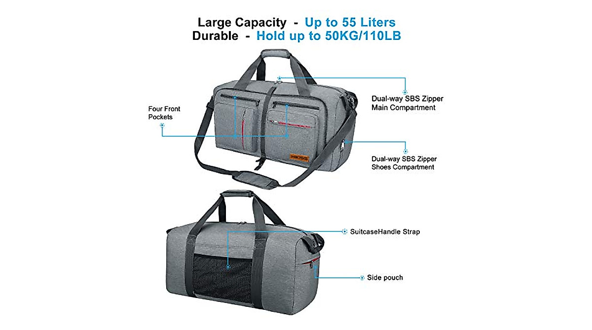 Durable 55L Travel Duffel Bag with Shoe Compartment