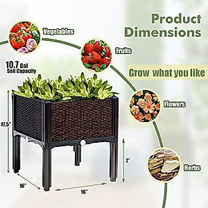 Renatone Set of 4 Raised Garden Beds Outdoor, Planter Box with Self-Watering Design, Drain Holes, Plastic Raised Garden Bed with Legs for Patio Yard Gardening, Grow Vegetables, Flowers, Herbs(Brown)