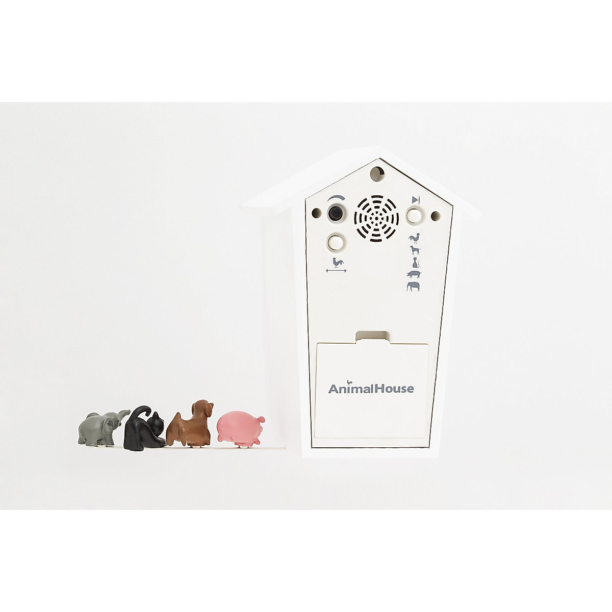 KOOKOO AnimalHouse white, small cuckoo clock with 5 farm animals sounds (natural field recordings)