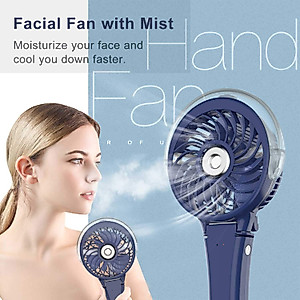 HandFan Portable Handheld Misting Fan, Rechargeable Personal Mister Fan, Battery Operated Spray Water Mist Fan, Foldable Electric Mini Cooling Hand Fans for Beach Travel Outdoors Makeup(Royal Blue)