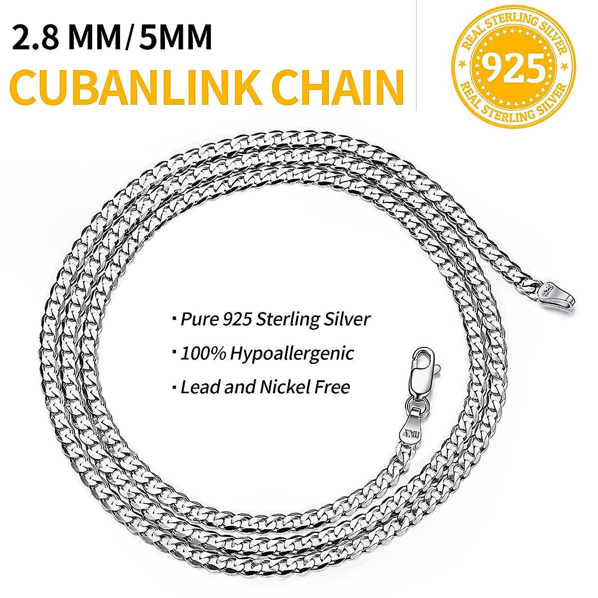 ChicSilver Cuban Link Chain for Men Cuban Chain 925 Sterling Silver Choker Necklace for Women Thin Curb Chain 3mm 14 inch Short Choker