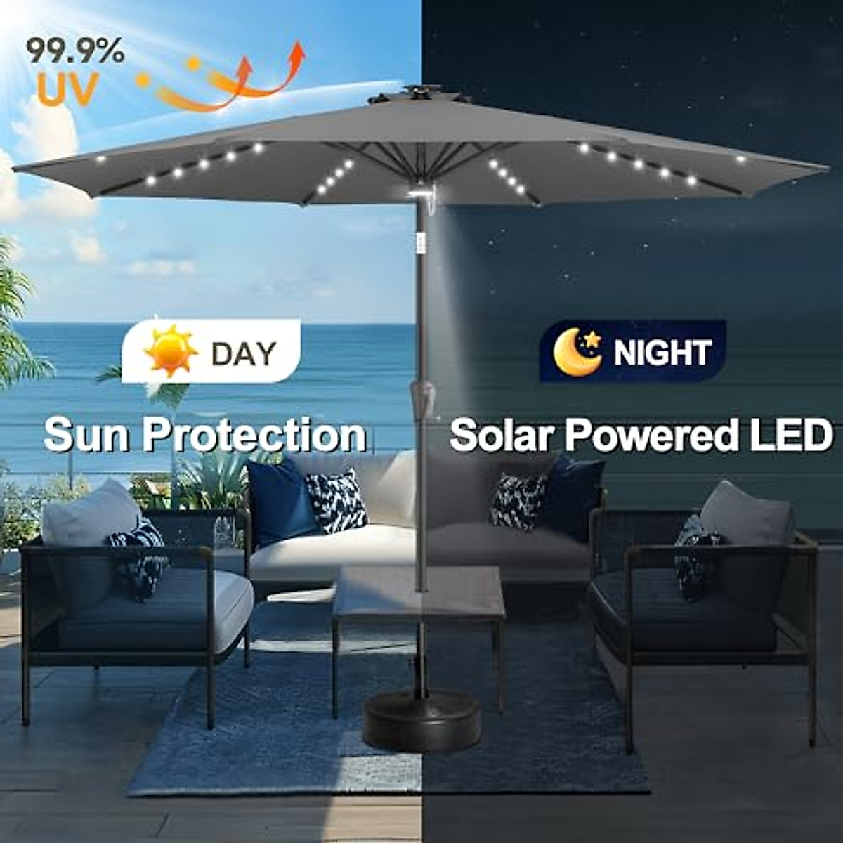 FLAME&SHADE 10 ft Solar Powered Outdoor Market Patio Table Umbrella with LED Lights and Tilt, Anthracite