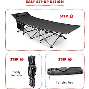 VaygWay Outdoor Folding Camping Travel Cot - Grey Lightweight Comfortable Portable Heavy Duty Foldable Cot – Sleeping Travel Bed w/Pocket - Adults and Kids Travel Cot –Outdoor Hiking, (Grey 1 Pack)
