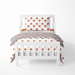 Bacati Playful Foxs 4 Piece Neutral Toddler Bedding Set, Orange/Grey 100 Percent Cotton Includes Reversible Comforter, Fitted Sheet, Top Sheet, and Pillow Case for Boys/Girls