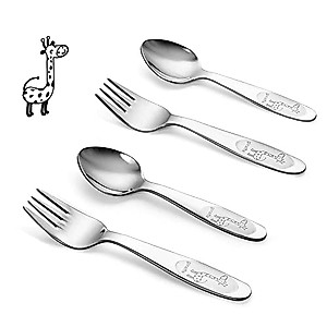 FUNNUO 4 Pack Toddler Utensils, 18/8 Stainless Steel Toddler Forks and Spoons, Safe Kid Silverware Set for Self Feeding, Children Flatware Sets with Mirror Polished，Dishwasher Safe