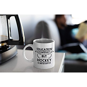 Funny Education Is Important But Hockey Is Importanter 11 oz Coffee Mug. Gift Idea For Players or Sports Fan. (White)