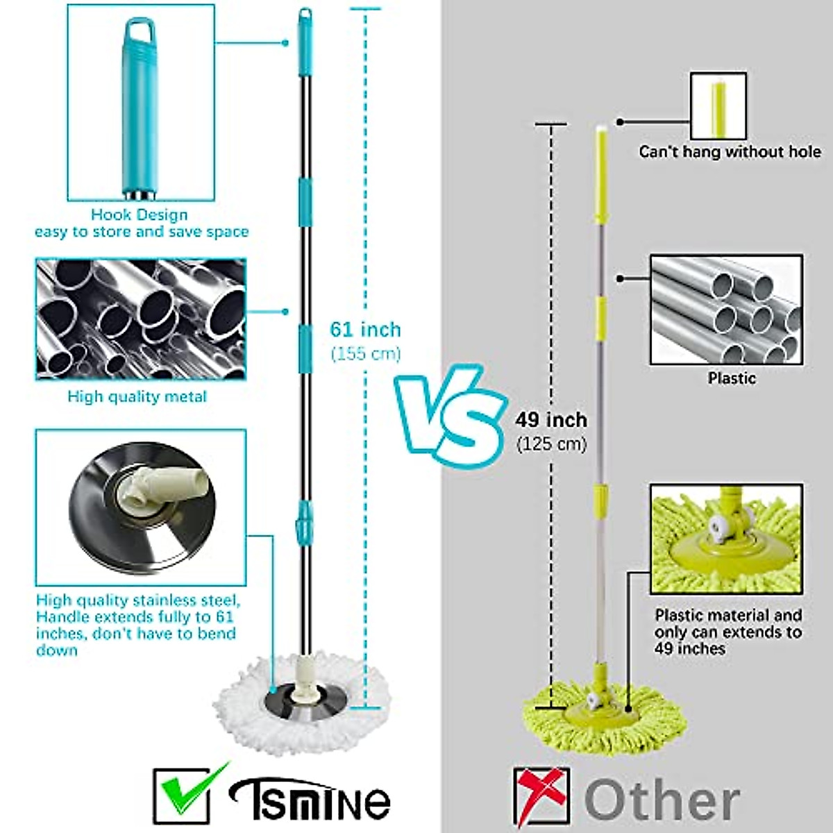 Floor Microfiber Wet Dry Mop, Tsmine Hardwood Floor Mop for Floor Cleaning, Commercial Household Clean Hardwood, Mop & Refills Set Include 2 Replacement Heads Refills and 61" Extended Mop Pole Handle