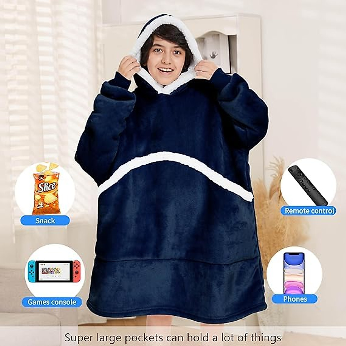 Gentlewarm Wearable Blanket for Kids, Oversized Sweatshirt Hoodie Soft Warm Sherpa Fleece Hooded Blanket Giant Pocket One Size Navy