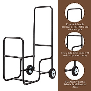 Safstar Firewood Log Cart Carrier, 2.9ft/35” Height Wood Rack Storage Mover w/2 Rubber Wheels & Ergonomic Handle, Heavy-Duty Steel Fireplace Log Carrier Mover, Rolling Firewood Cart for Indoor Outdoor