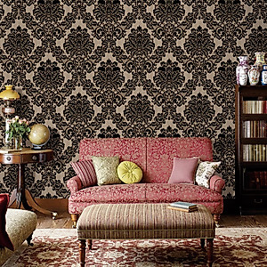 JZ·HOME H9148 Damask Peel and Stick Wallpaper 17.7" x 9.8ft Black/Brown Removable Contact Paper Self-Adhesive Damask Furniture Stickers Drawer Vinyl Decorative Film