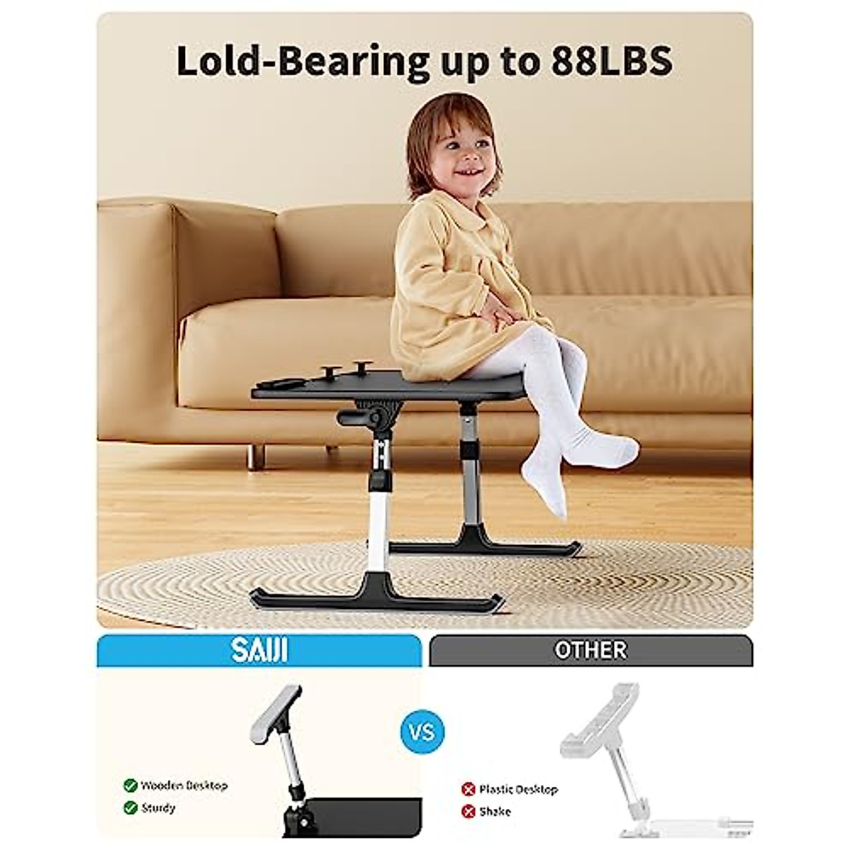 Laptop Desk for Bed, SAIJI Height & Angle Adjustable Laptop Stand for Bed, Lap Desk Bed Tray Table, Light Weight Foldable Portable Laptop table for Couch Sofa Chair Floor Desk for Adults, Kids (Black)
