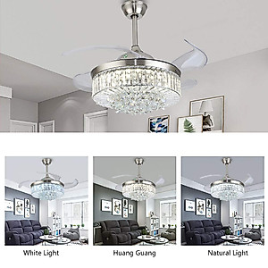 Gdrasuya10 Crystal Ceiling Fan Dimmable Chandelier with Lights and Remote Modern Invisible Retractable LED Fan for Living Room Bedroom Basement Kitchen Garage Decorations -Polished Chrome 42 Inches