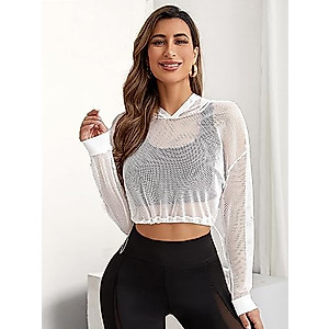 SweatyRocks Women's Activewear Long Sleeve Hollow Out Drawstring Hooded Sweatshirt Sports Crop Top White XL