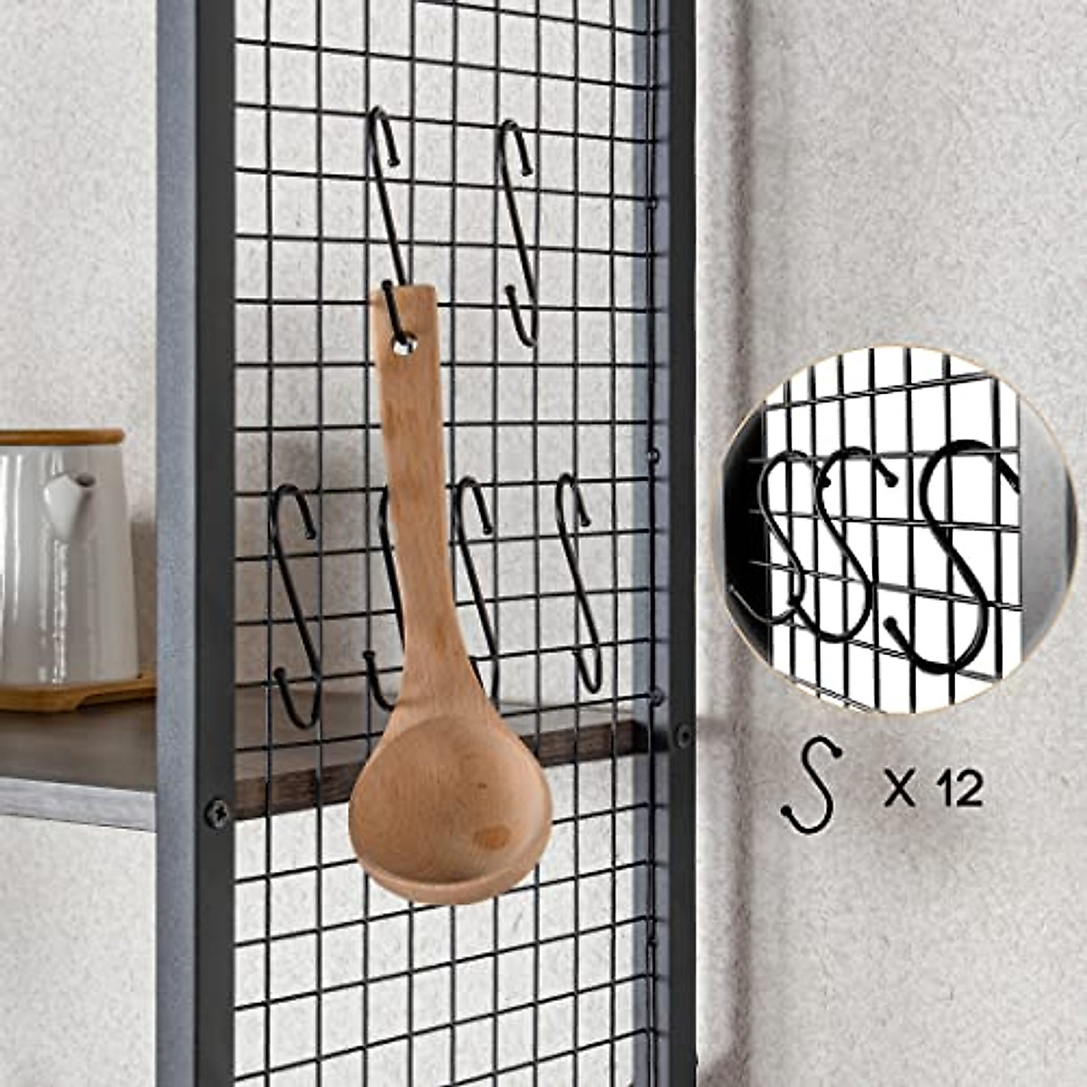 LAVIEVERT Industrial Bookshelf, 5-Tier Vintage Bookcase with Metal Grid and 12 S-Shaped Hooks, Multipurpose Storage Shelf Display Rack for Living Room, Bedroom, Kitchen & Office - Black