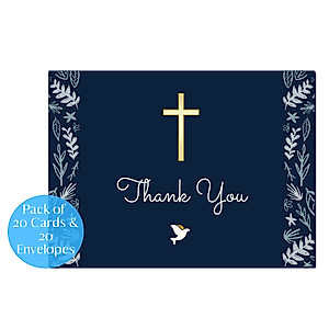 Elcer 20 Christian Thank You Cards Religious Catholic acknowledgment Notes Navy Blue & Gold Holy Communion Baptism Confirmation Christening Reconciliation Funeral with envelopes 8x5.5 (Navy Blue)