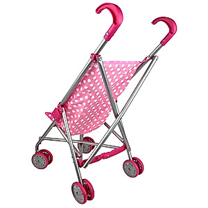 Precious Toys Baby Doll Stroller, Pink & White Polka Dots Baby Stroller for Dolls, Foldable Toy Baby Stroller, Toy Stroller for Baby Dolls, Doll Strollers for Girls 2 Years Old and Older, Toddlers