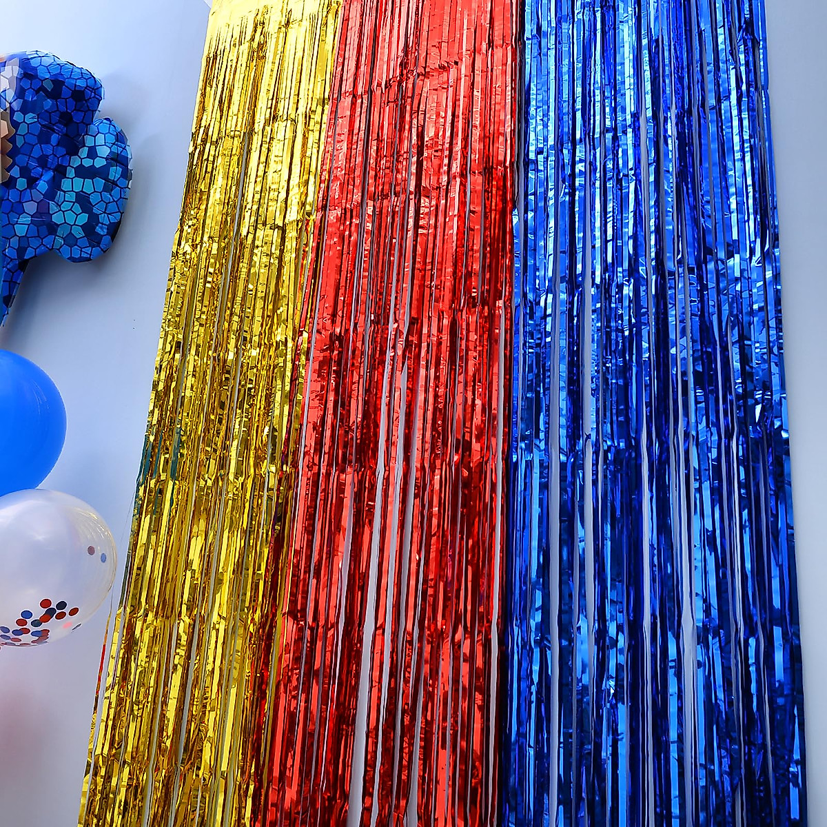 LOLStar Paw Birthday Decorations,2 Pack Gold Red and Blue Birthday Party Supplies 3.3 x 6.6ft Tinsel Foil Fringe Curtains Photo Booth Props Backdrop Streamers, House Doorway Room Decor for Kids