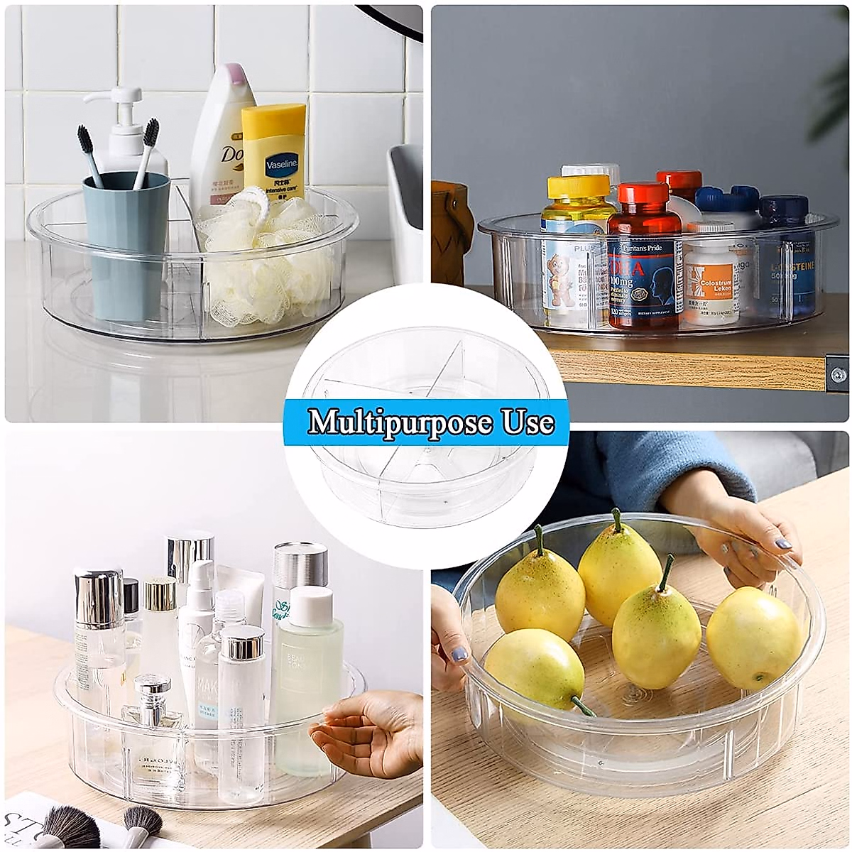 Greenco Lazy Susan Turntable, 12" Round Plastic Clear Storage Organizer with Dividers for Kitchen, Spice Rack, Cabinet, Pantry, Fridge, Freezer, Countertop