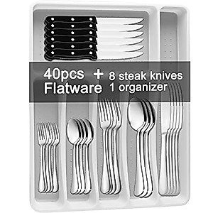 49-Piece Silverware Set with Flatware Drawer Organizer, Durable Stainless Steel Cutlery Set for 8, Mirror Polished Kitchen Utensils Tableware Service with Steak Knives Dinner Fork Knife Spoon & Tray