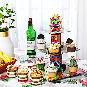3 Tier Hawaiian Cupcake Stand Tiki Torch Cupcake Holder Luau Theme Cake Holder Decorations Tropical Cupcake Dessert Holder for Summer Pool Beach Birthday Party Supplies (1 Pack)