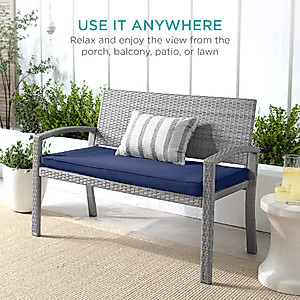Best Choice Products Outdoor Bench 2-Person Wicker Garden Patio Benches Seating Furniture for Backyard, Porch w/Seat Cushion, 700lb Capacity - Gray/Navy