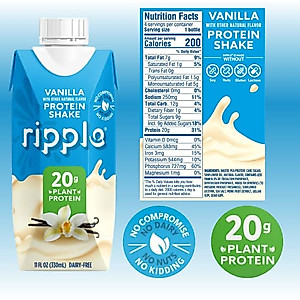 Ripple Vegan Protein Shake, Vanilla | 20g Nutritious Plant Based Pea Protein in Ready to Drink Cartons | Non-GMO, Non-Dairy, Soy Free, Gluten Free, Lactose Free | Shelf Stable | 11 Fl Oz (4 Pack)