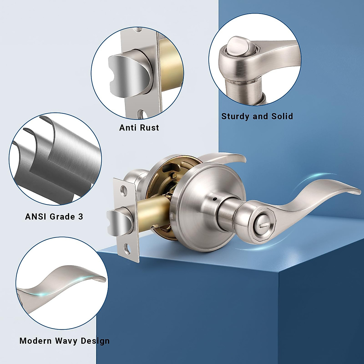 Knobonly 6 Pack Brushed Satin Nickel Door Lever Privacy Door Handles, Zinc Alloy Door Handle Interior, Keyless Lock for Bedroom or Bathroom