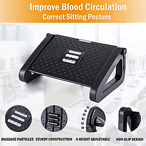 Ywbtflul Foot Rest for Under Desk at Work, Ergonomic 6 Heights Adjustable Footrest with Massage Roller, Portable Under Desk Foot Stool for Home,Office, Black