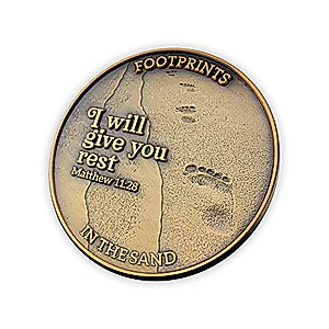 Footprints in The Sand Coin, Resting and Peace, Antique Gold Plated Christian Challenge Coin. During Your Times of Trial and Suffering, I Carried You. I Will Give You Rest, Matthew 11:28 Gift